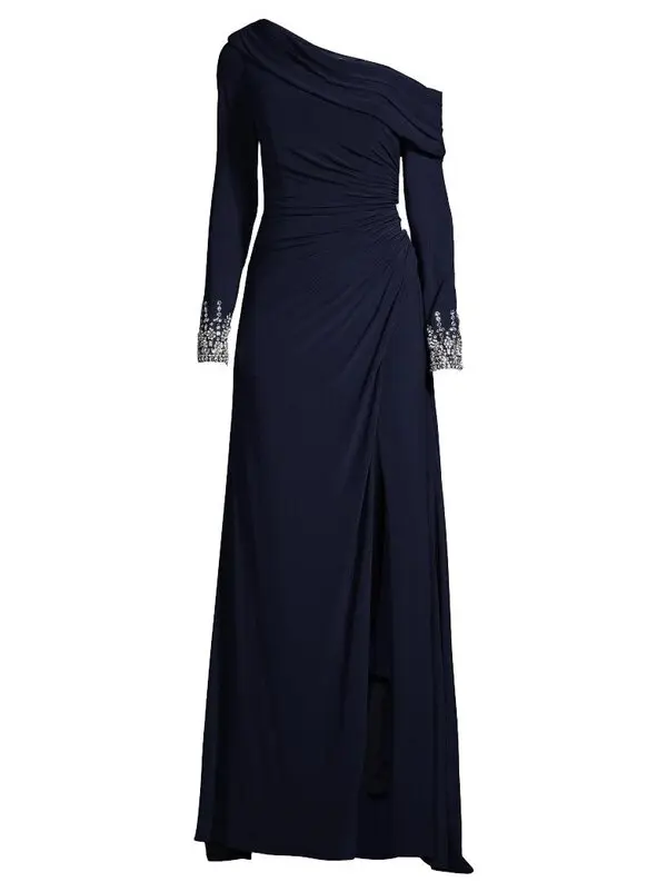 Mac Duggal One-shoulder Jersey Ruched Side Slit Gown - Midnight