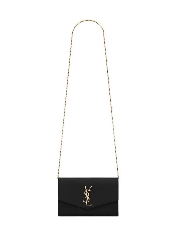 Saint Laurent Uptown Chain Wallet In Grain De Poudre Embossed Leather - Nero