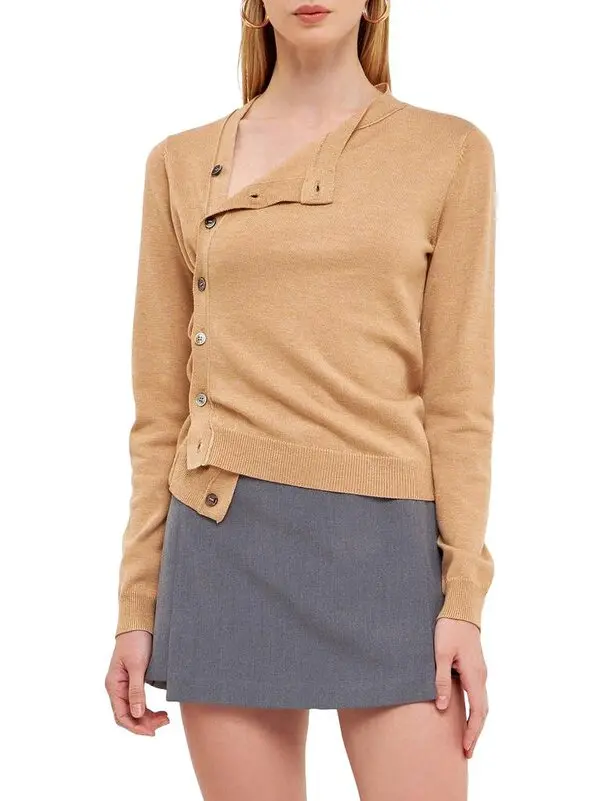 Endless Rose Double Placket Asymmetric Cardigan - Camel