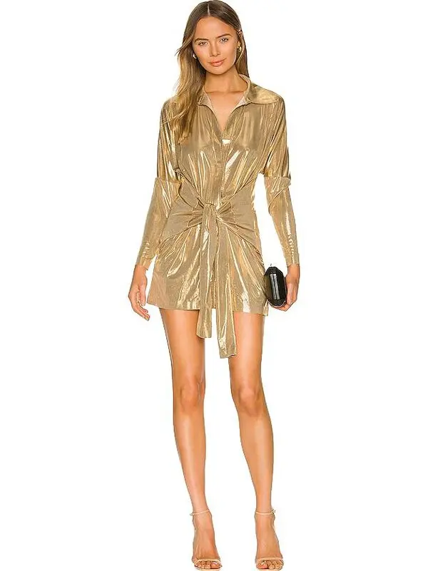 Norma Kamali Ty Front Nk Shirt Mini Dress - Gold