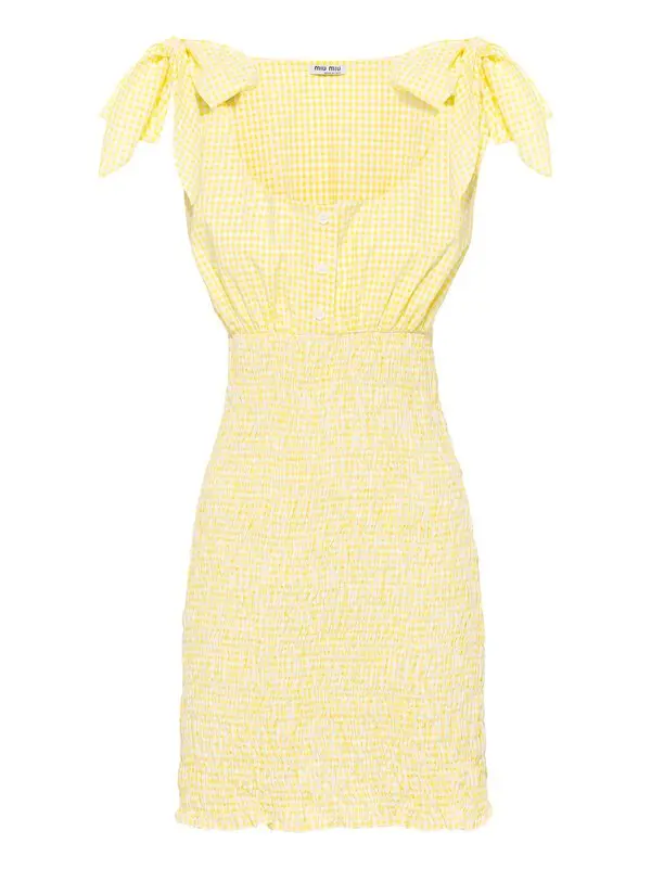 Miu Miu Smocked Checked Mini Dress - Yellow