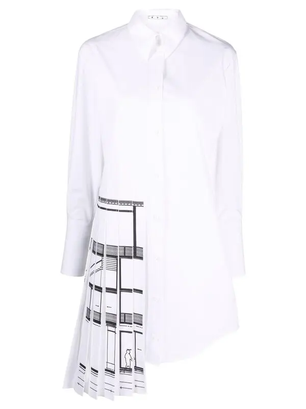 Off-White Pleated Panel Shirt Dress - White