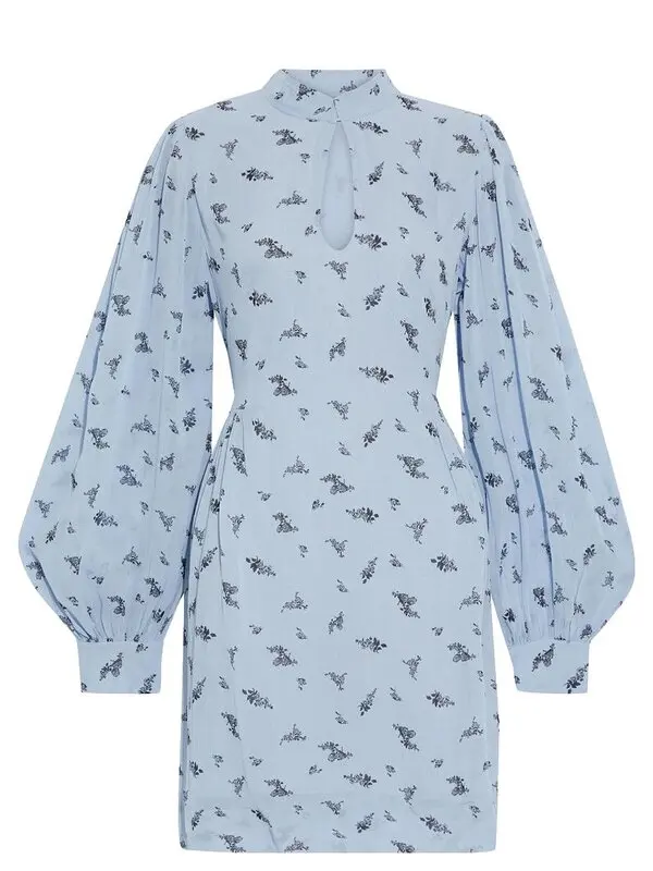 GANNI Gathered Floral-print Georgette Mini Dress - Light Blue