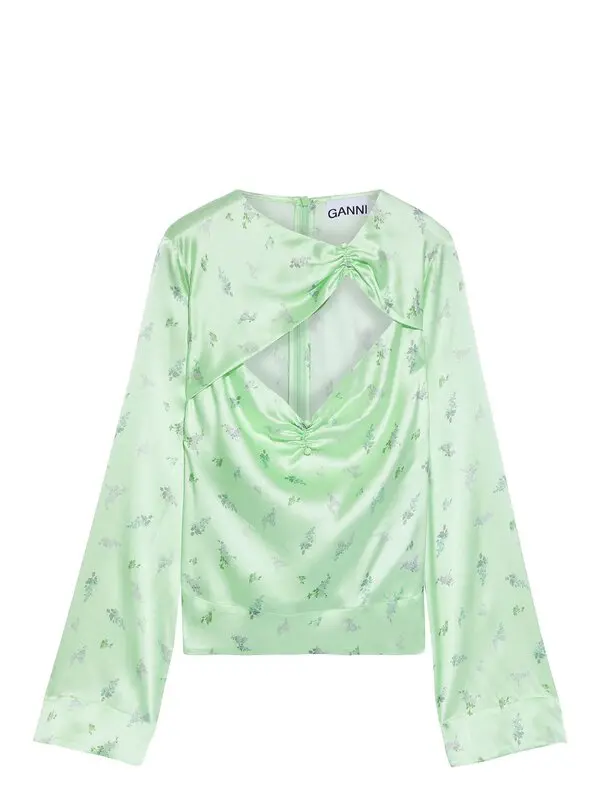 GANNI Cutout Ruched Floral-print Silk-blend Satin Blouse - Light Green