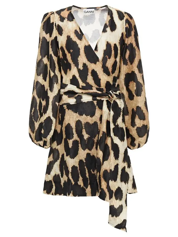 GANNI Leopard-print Linen And Silk-blend Voile Mini Wrap Dress - Animal Print
