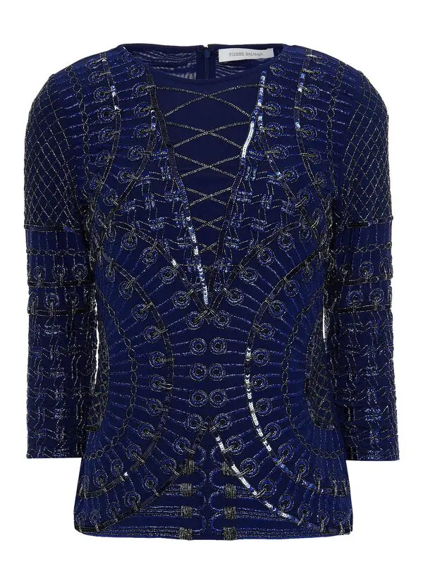 Balmain Embellished Stretchtulle Top - Indigo