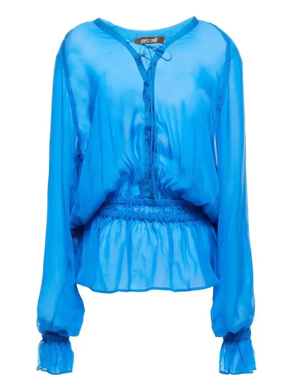 Roberto Cavalli Embellished Gathered Silk-chiffon Blouse - Azure