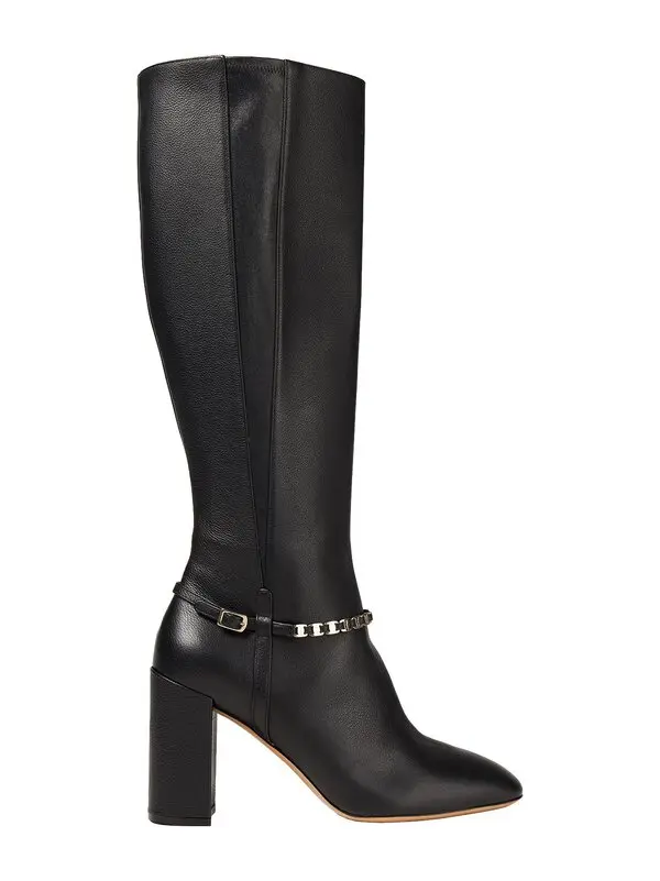 FERRAGAMO Tribu 85 Chain-trimmed Leather Knee Boots - Black