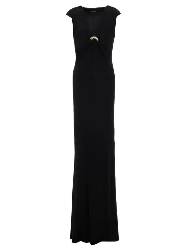 Roberto Cavalli Appliquéd Ruched Maxi Dress - Black