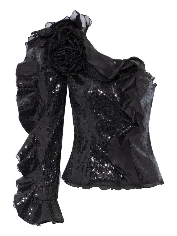 Dundas One-shoulder Sequined Tulle Top - Black