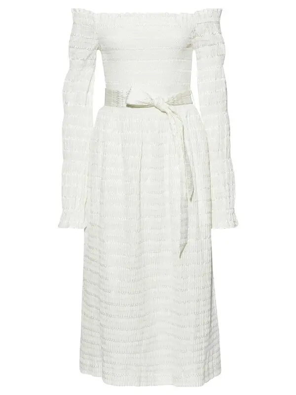 Rebecca Vallance Off-the-shoulder Belted Shirred Seersucker Midi Dress - Ivory