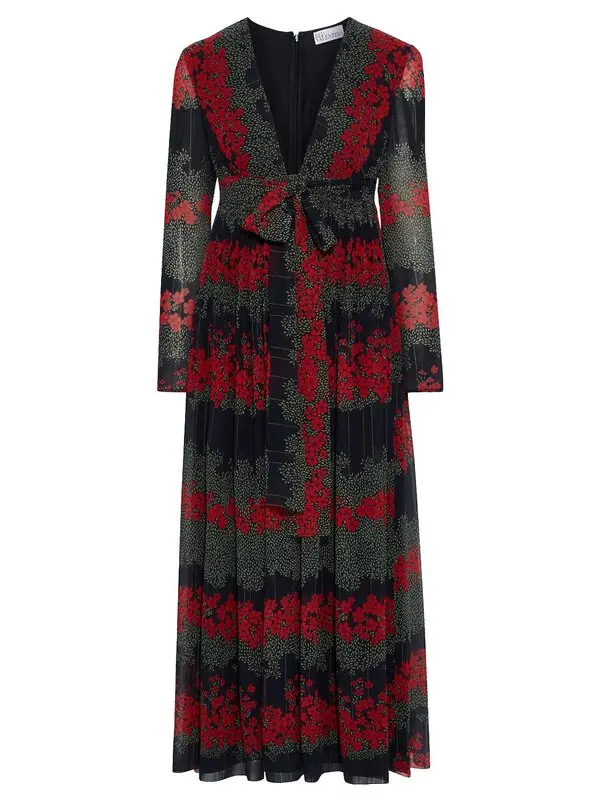Red Valentino Belted Floral-print Georgette Maxi Dress - Black