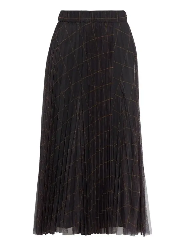 Brunello Cucinelli Checked Plissé Tulle Midi Skirt - Black