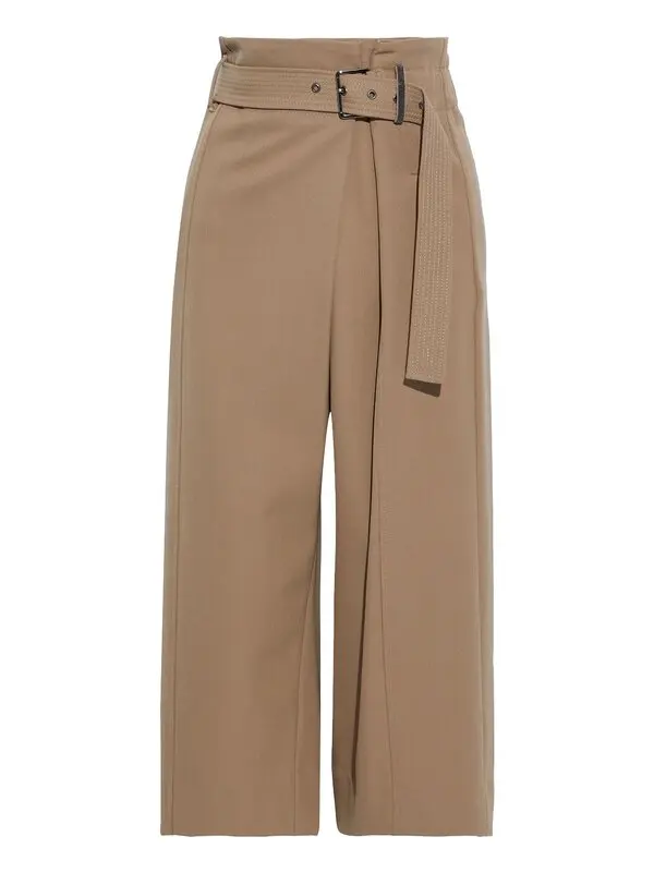 Brunello Cucinelli Cropped Belted Wool Wide-leg Pants - Sand