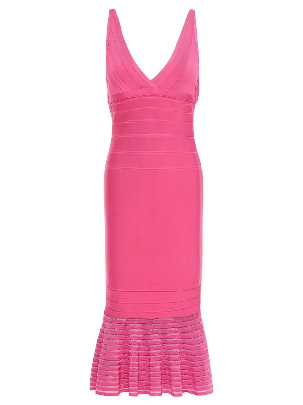 Herve Leger Fluted Bandage Midi Dress - Bright Pink