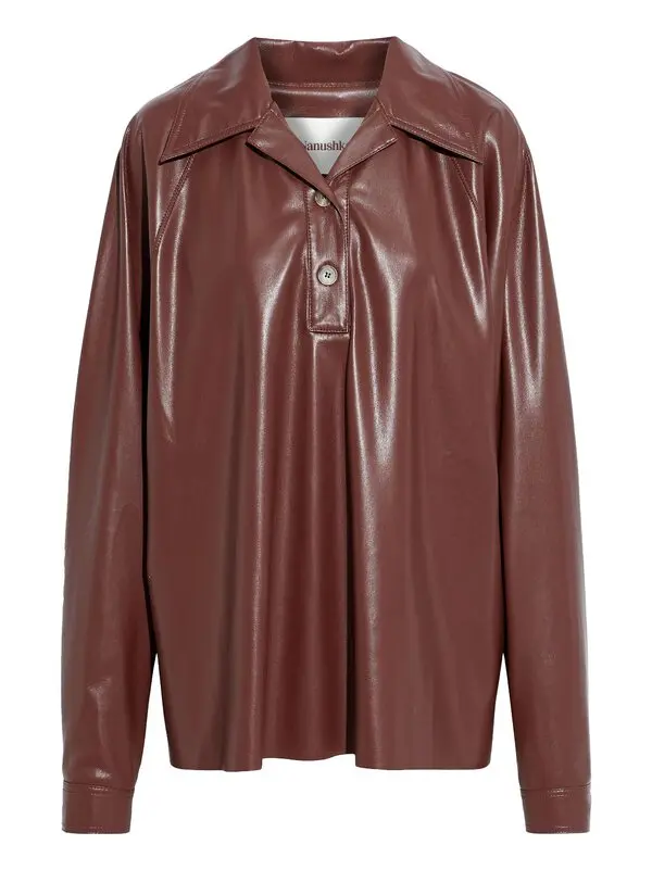 Nanushka Keiron Gathered Vegan Leather Shirt - Brown