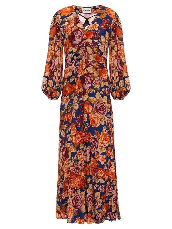 Antik Batik Camille Ruched Floral-print Crepe De Chine Maxi Dress - Navy