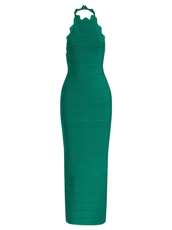Herve Leger Scalloped Halterneck Bandage Maxi Dress - Emerald