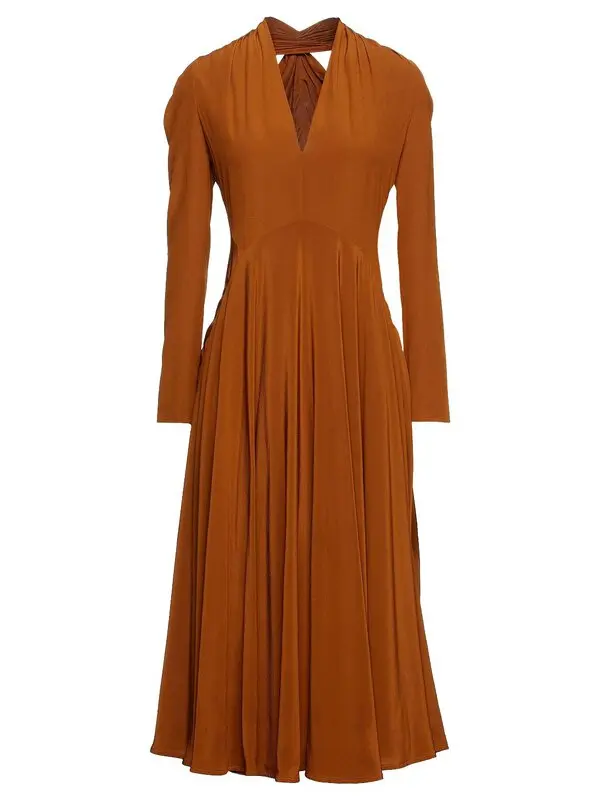 Victoria Beckham Silk Crepe De Chine Midi Dress With Cutouts - Tan
