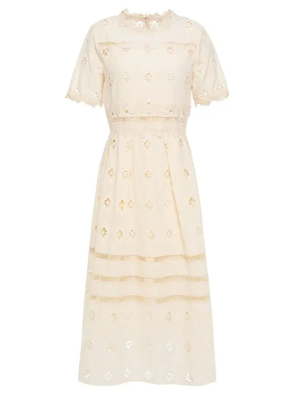 Maje Pleated Broderie Anglaise Cotton Midi Dress - Ecru