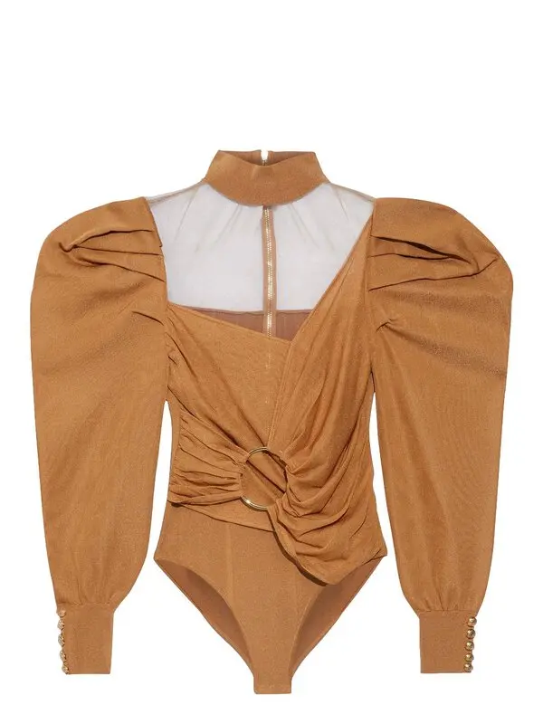 Balmain Ring-embellished Tulle-paneled Draped Stretch-knit Bodysuit - Camel