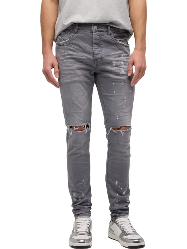 PURPLE BRAND Knee-slit Tapered Jeans With Paint Splatter - Grey