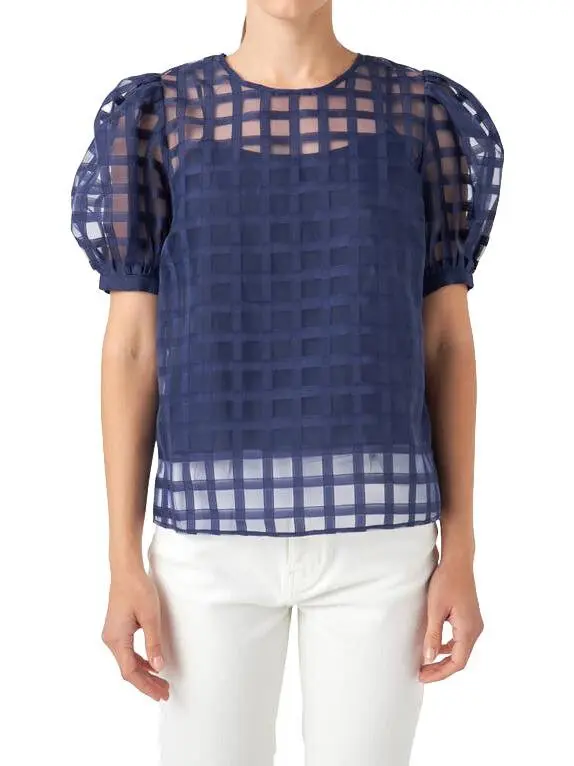 English Factory Windowpane Sheer Top - Navy