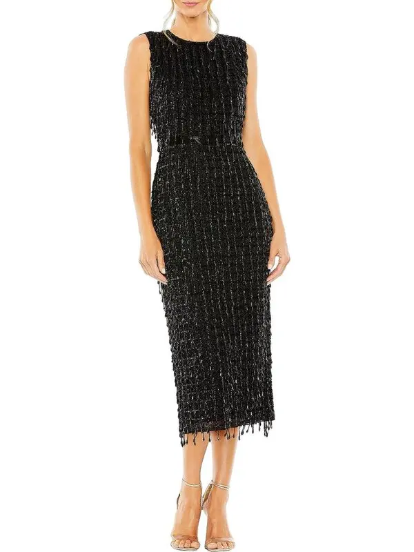 Mac Duggal Beaded Fringe Sheath Dress - Black