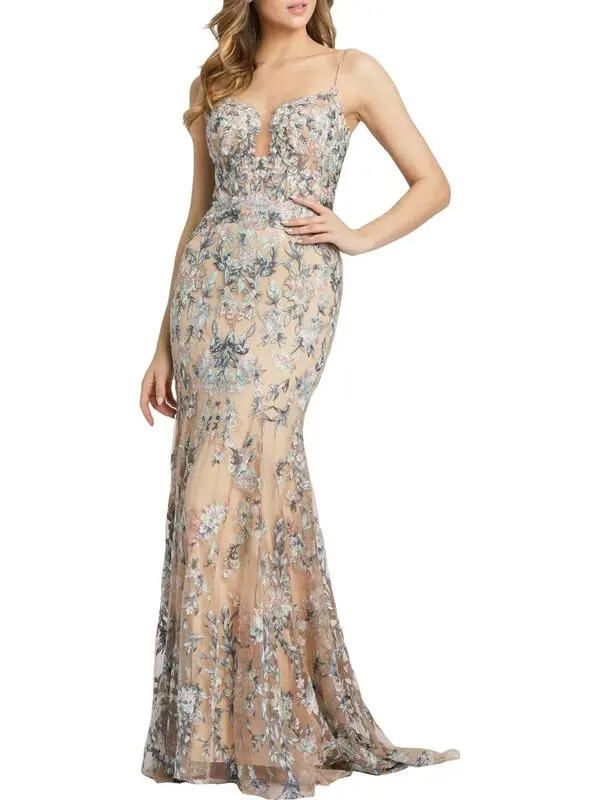 Mac Duggal Sweetheart Tulle Floral Gown - Beige Multi