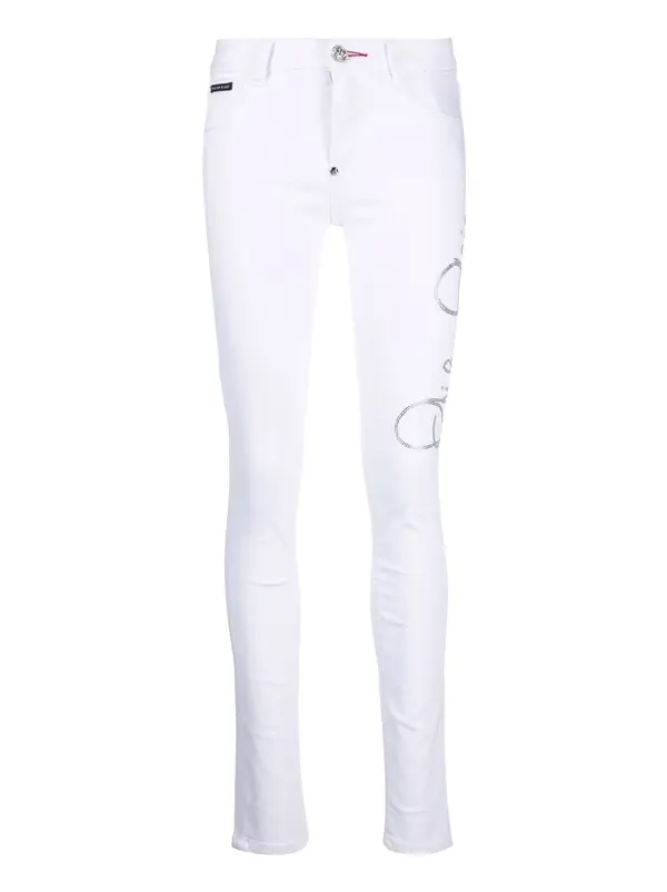 Philipp Plein Signature Embellished Skinny Jeans - White