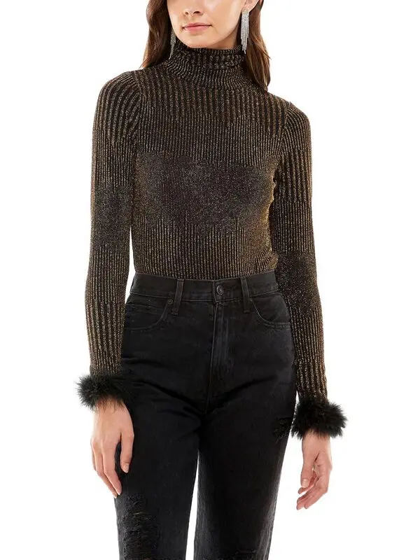 WAYF Metallic Turtleneck Bodysuit With Faux Fur Cuffs - Black/gold