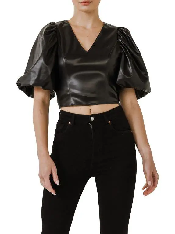 Endless Rose Puff Sleeve Faux Leather Top - Black