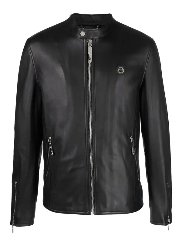 Philipp Plein Logo Zipped Biker Jacket - Black