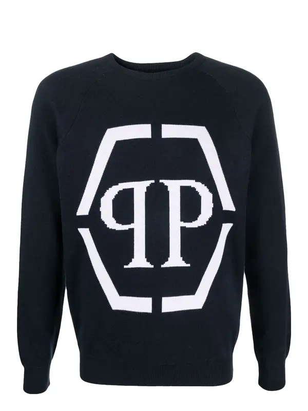 Philipp Plein Intarsia-knit Logo Crewneck Sweater - Blue