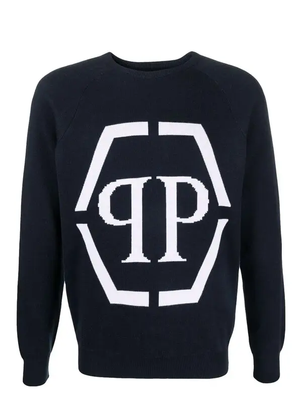 Philipp Plein Intarsia-knit Logo Crewneck Sweater - Blue