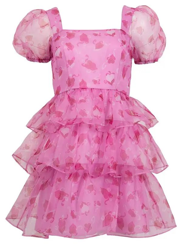 HVN Mimi Tiered Heart Print Mini Dress - Pink