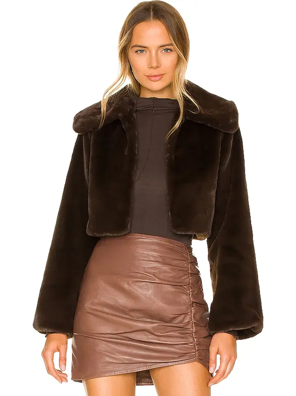 CAMILA COELHO Cleobella Cropped Faux Fur Jacket - Chocolate Brown