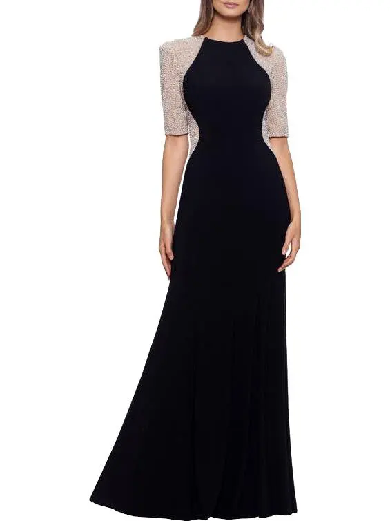 XSCAPE EVENINGS Beaded Detail Gown - Blknudslvr