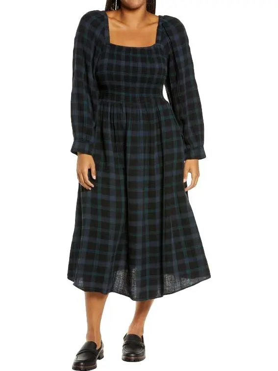 Madewell Lucie Plaid Smocked Midi Dress - Dark Baltic