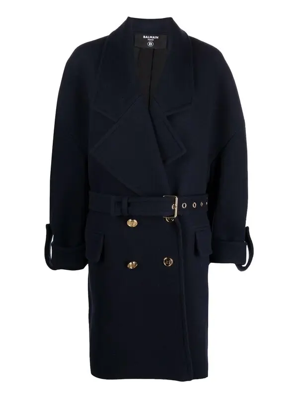 Balmain Belted Wool Coat - Blue