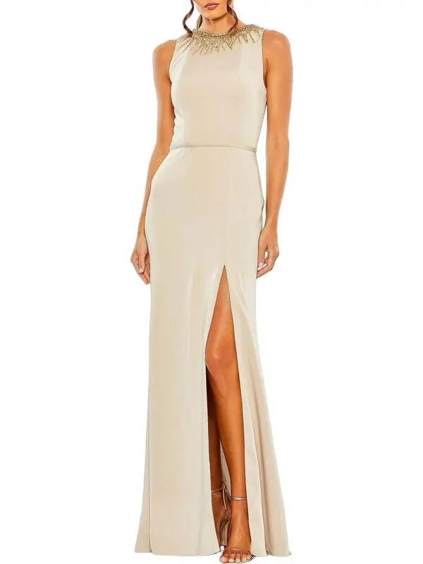 Mac Duggal Ieena Beaded-neck Jersey Gown - Champagne