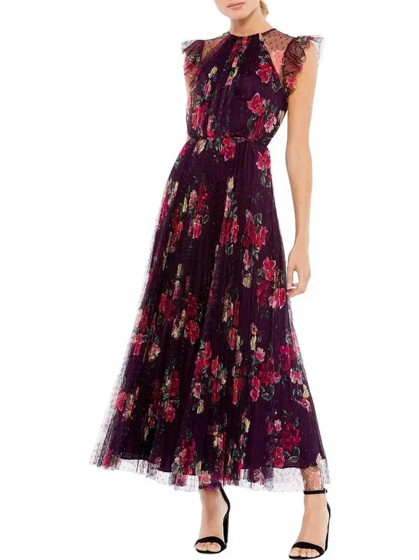 Mac Duggal Ieena Cap Sleeve Floral A-line Dress - Plum Multi