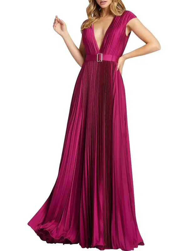 Mac Duggal Ieena Satin Pleated Gown - Raspberry