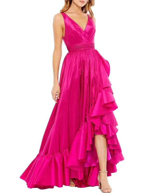 Mac Duggal Satin Flounce V-neck Gown - Magenta
