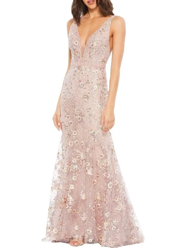 Mac Duggal Embroidered Floral Modified A-line Gown - Rose Pink