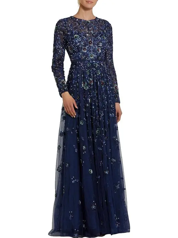 Mac Duggal Floral A-line Gown - Navy