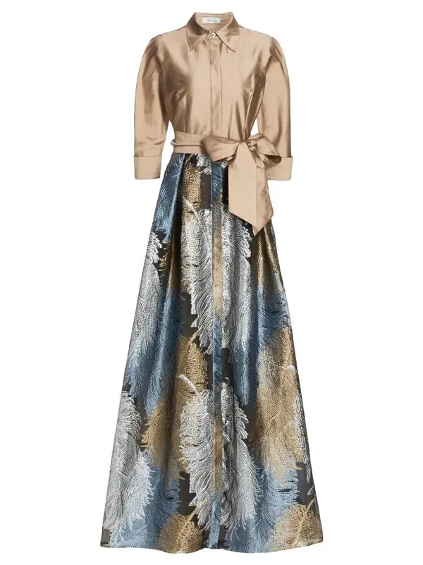 Rickie Freeman For Teri Jon Two-tone Feather Jacquard Shirt Gown - Gold Multi