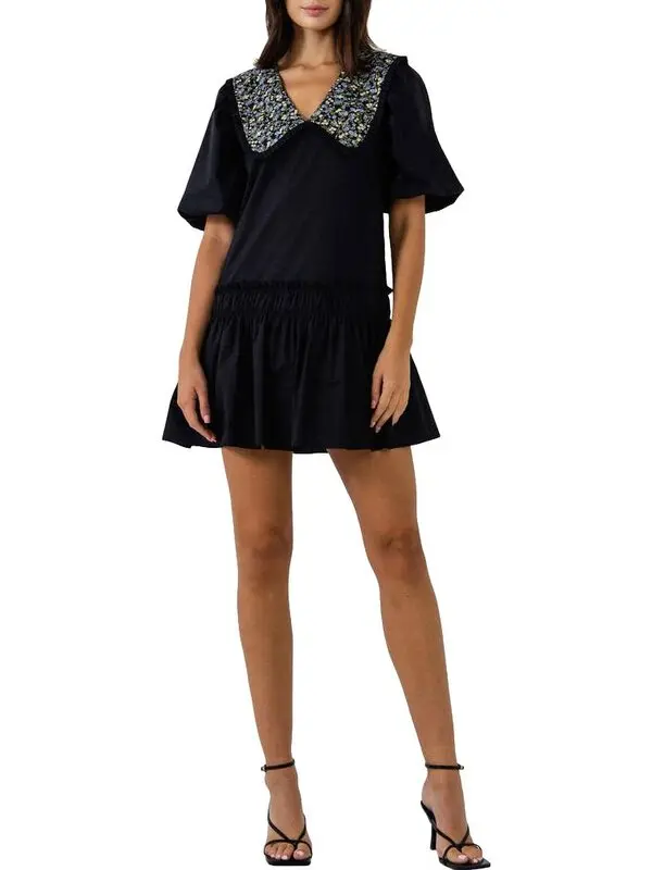English Factory Floral Collar Mini Dress - Black