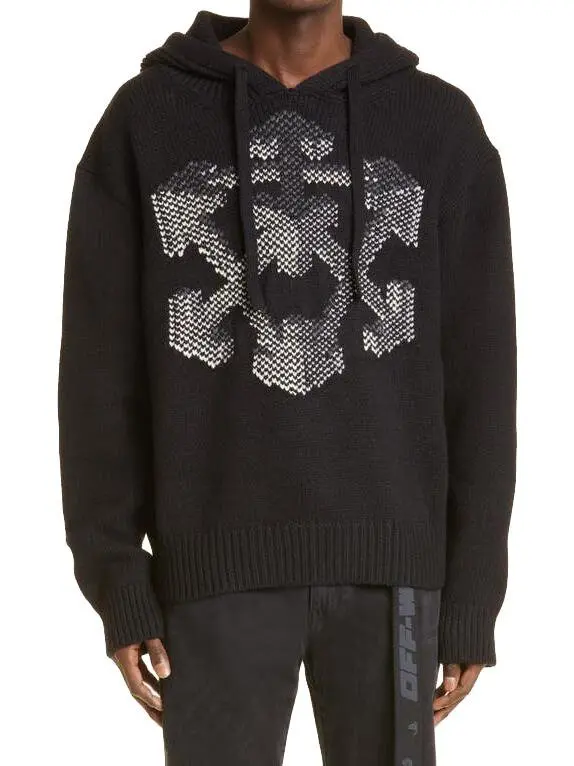 Off-White Intarsia Arrows Wool Blend Hooded Sweater - Black Grey