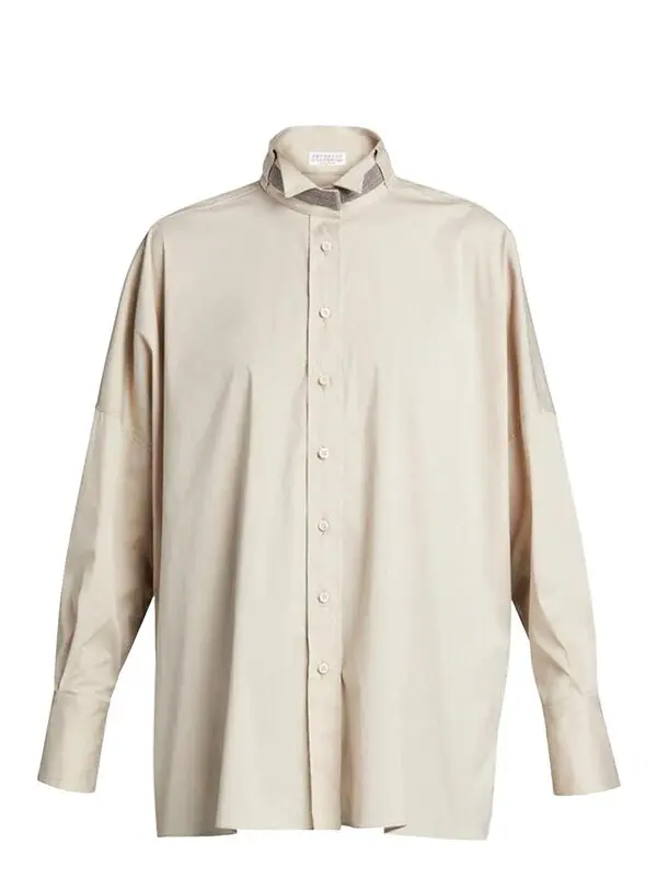 Brunello Cucinelli Monili-collar Poplin Shirt - Beige